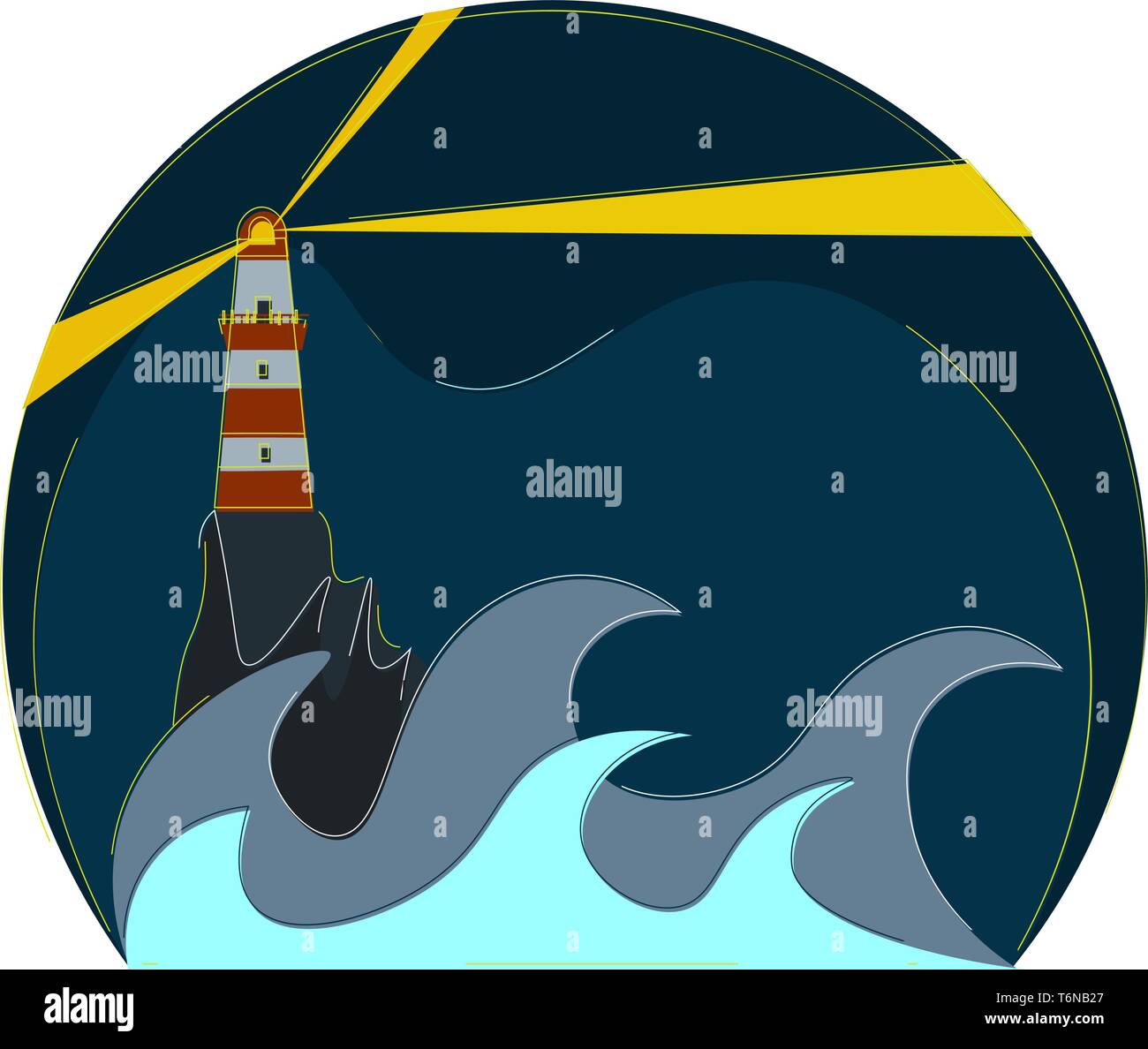 A light house glowing bright across the ocean vector color drawing or ...