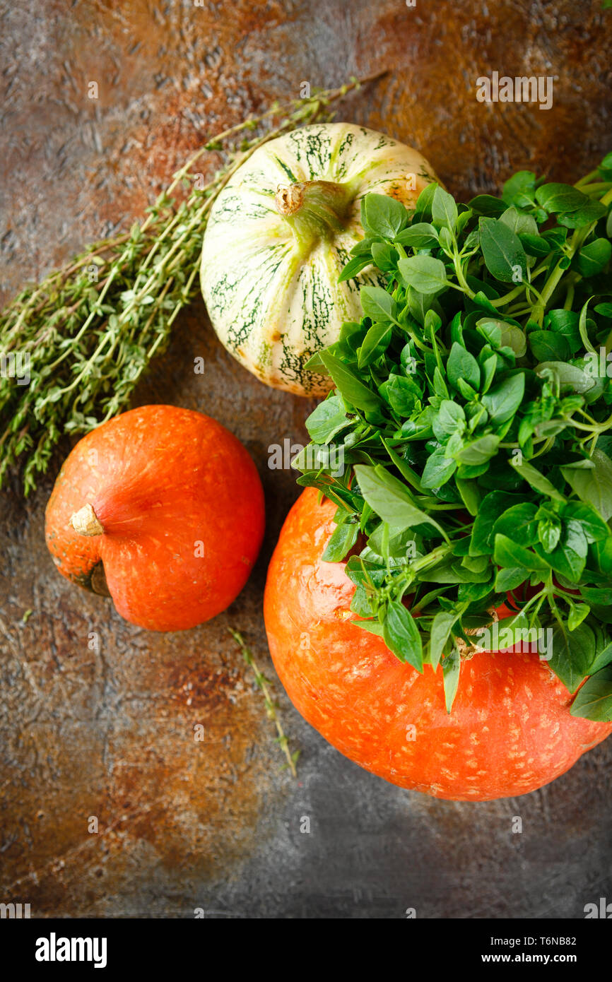 Pumpkin, basil and thyme on a rusty background Stock Photo - Alamy