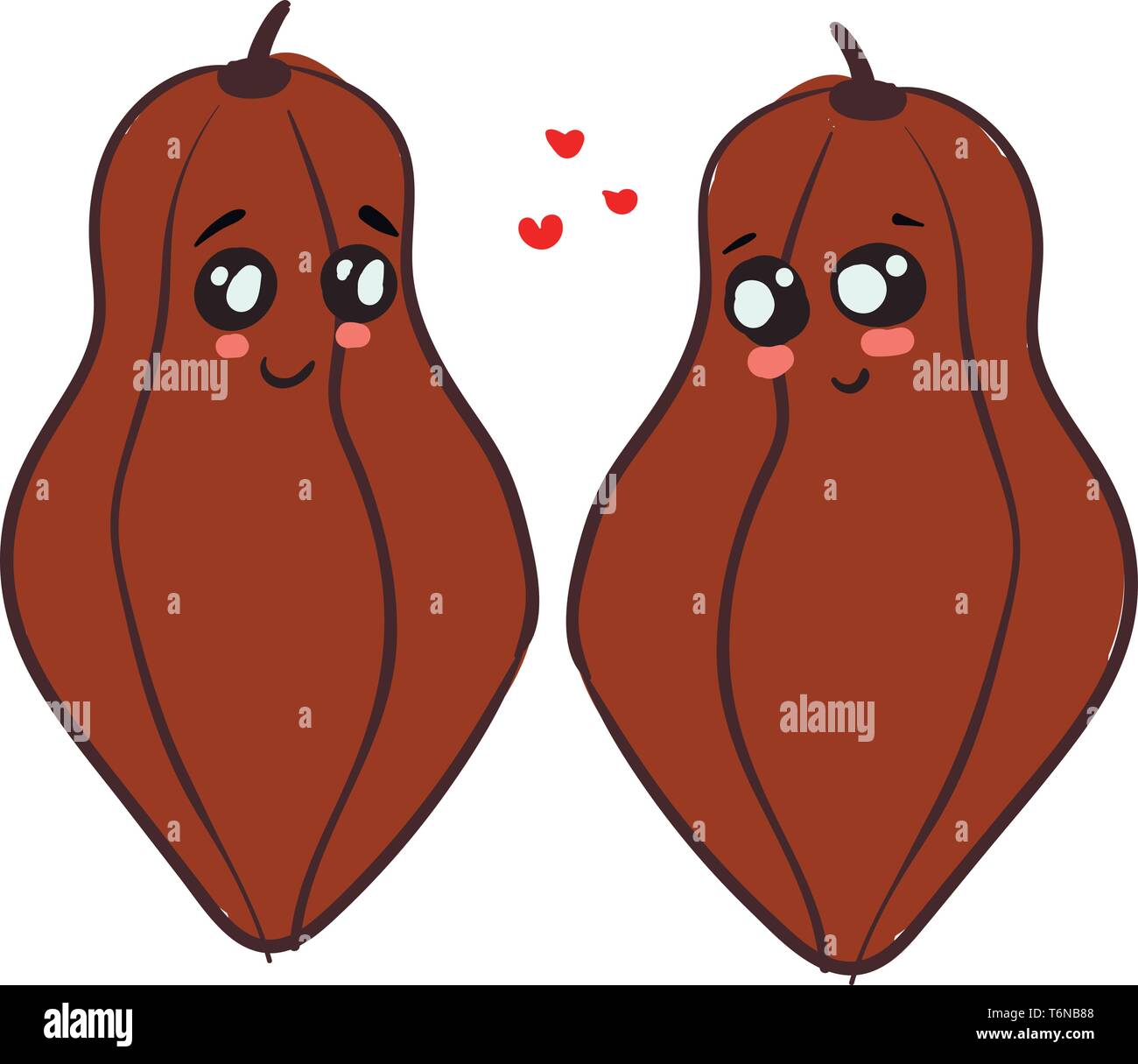 A cute love between two beautiful cacaos with small red hearts around ...