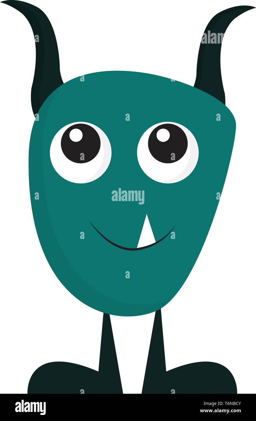 A blue monster with long and sharp horns with a single sharp teeth ...