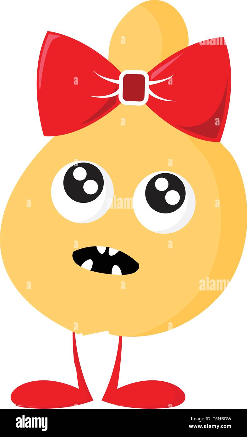 A orange monster with big red bow and red legs but without any arms ...
