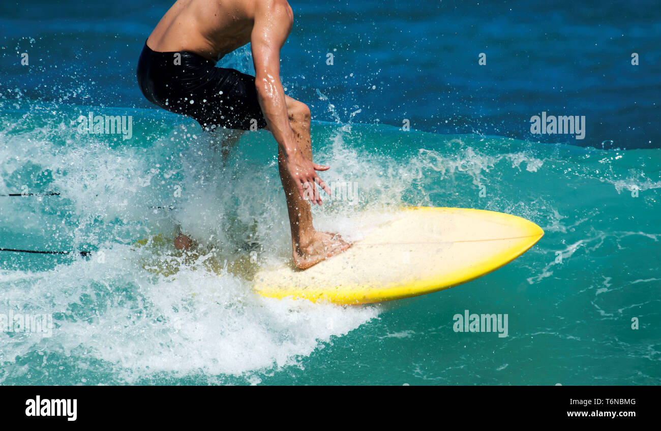 a man surfing on top of a small wave in beautiful tropics water Stock ...