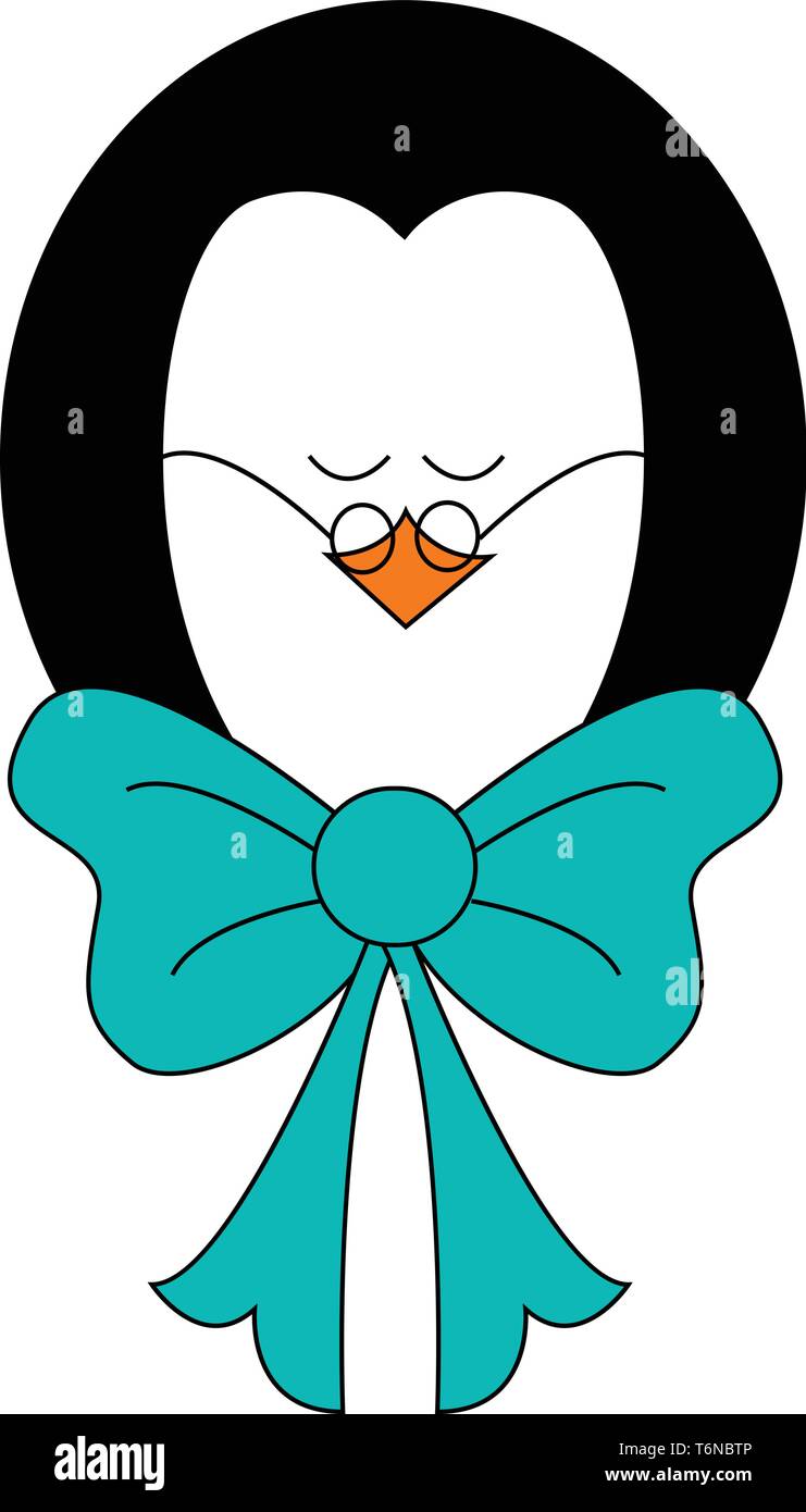 Penguin with a cute big blue bow vector color drawing or illustration ...