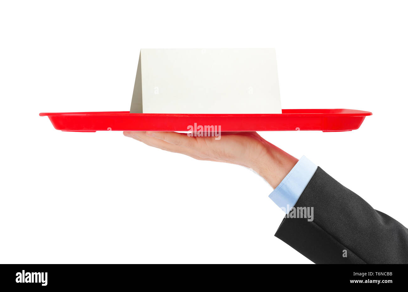 Hand and tray with paper card Stock Photo - Alamy