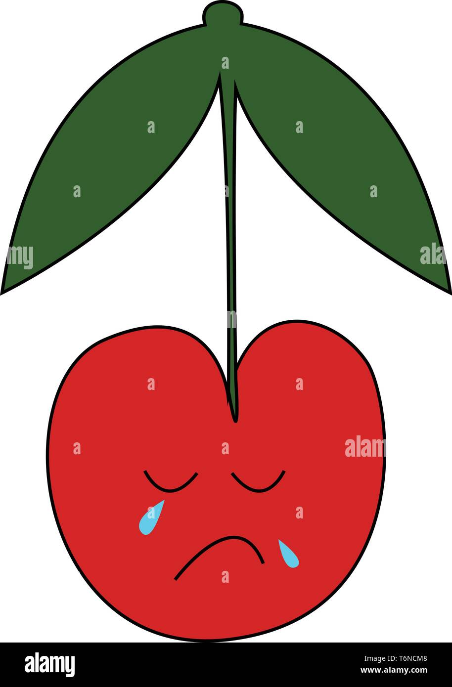 A sad red cherry in tears with two green leaves vector color drawing or ...
