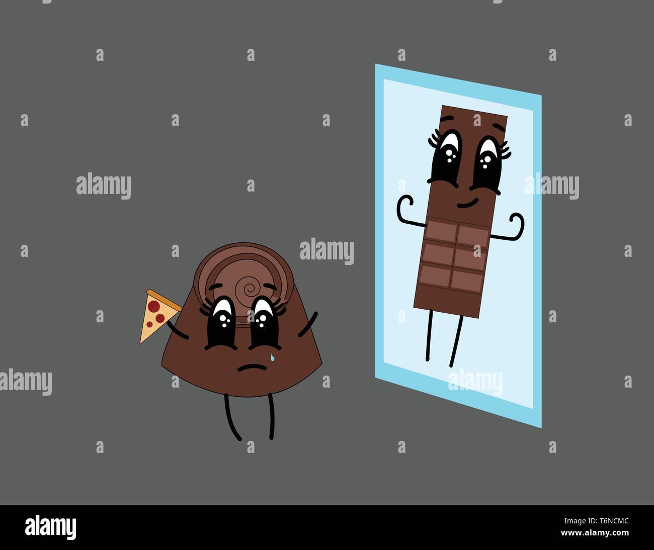 A sad dark chocolate holding a pizza in its hand vector color drawing ...