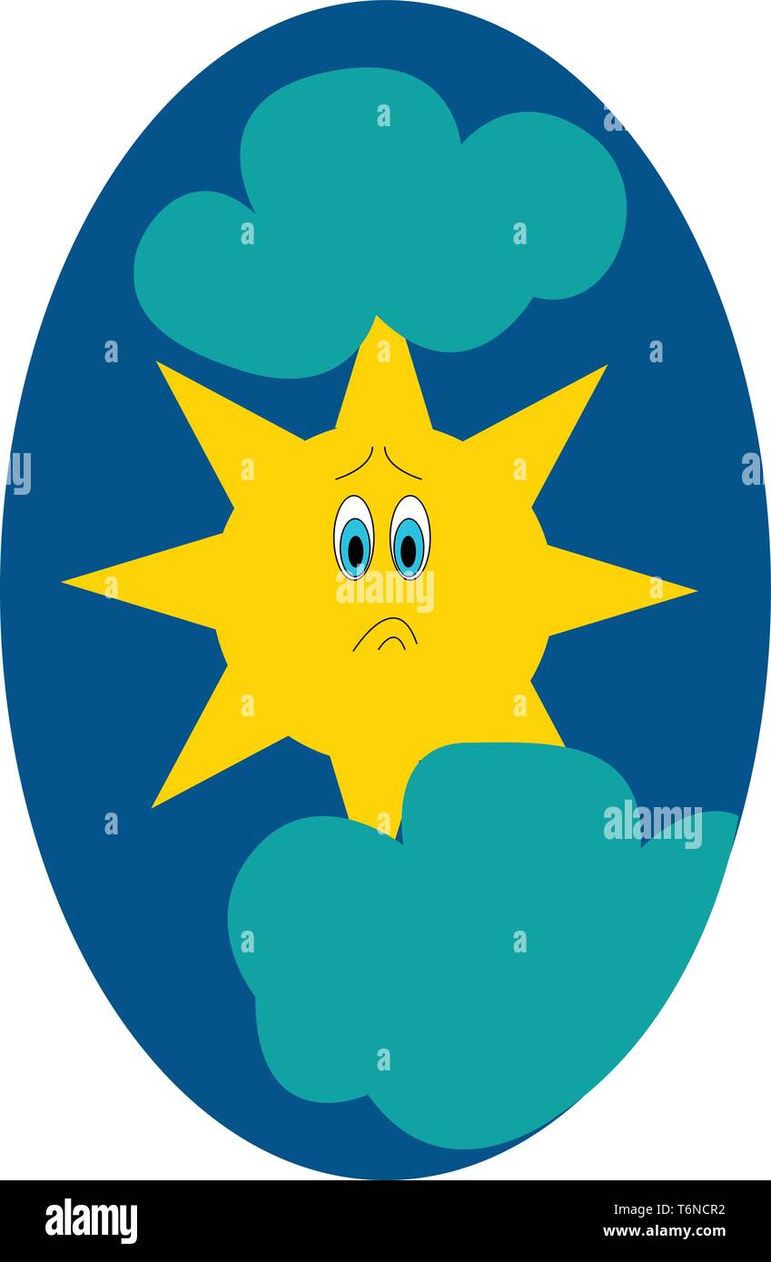 A yellow bright sun looking sad between blue clouds vector color ...