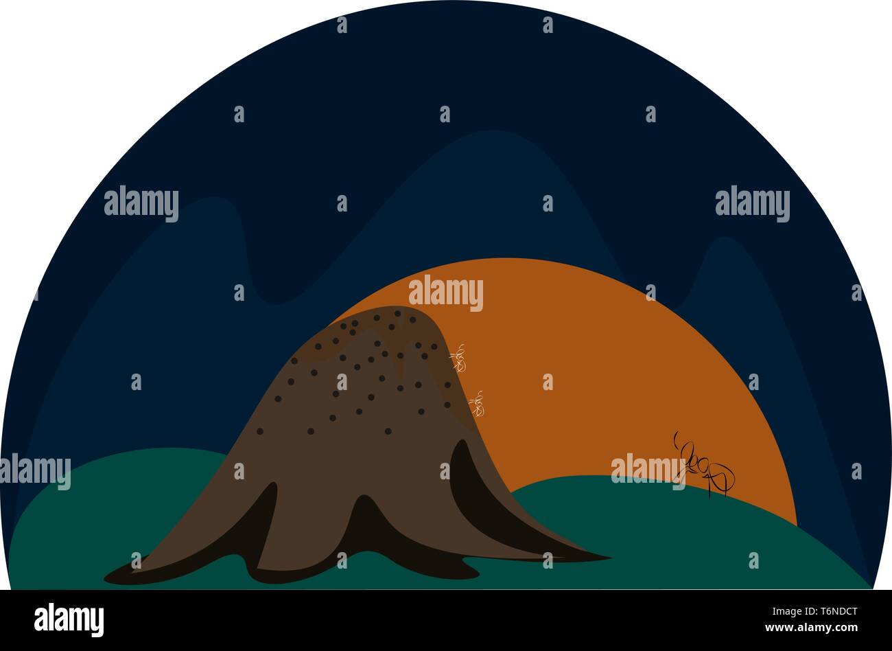 A landscape of a rising sun and an anthill in the form of a mound built ...