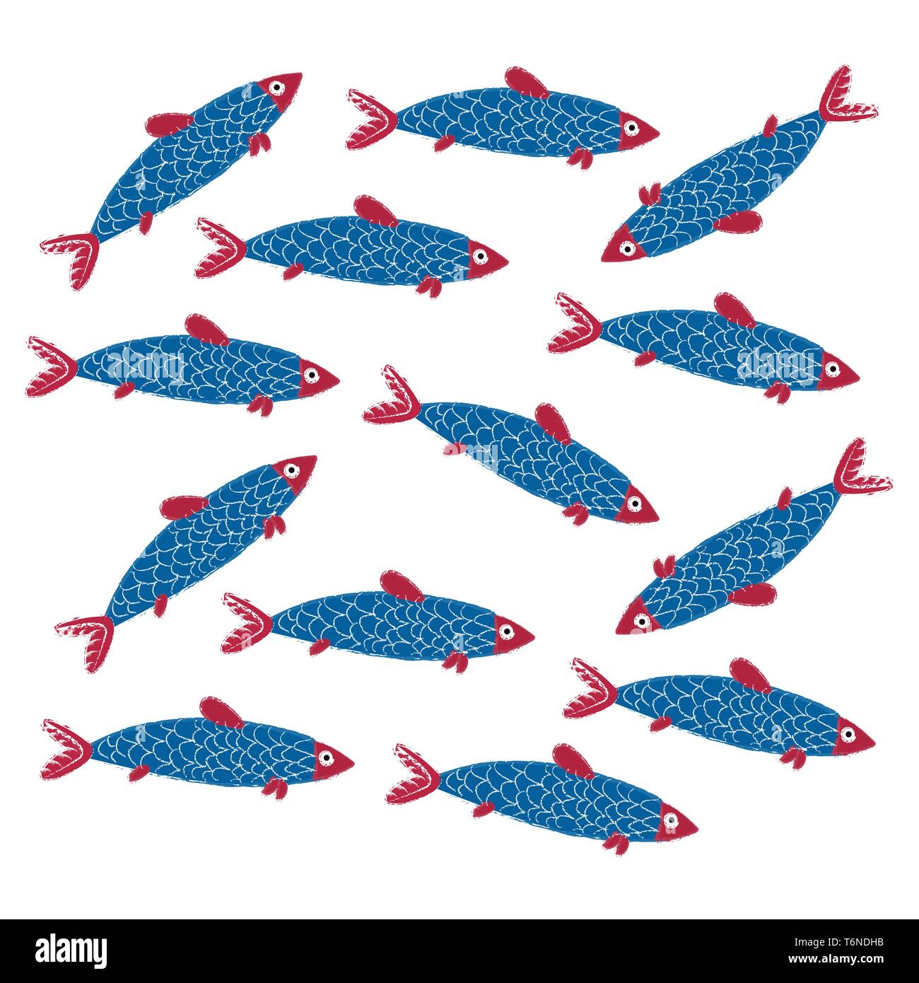 Minimalistic drawing of a regular pattern of blue fish with forked red ...