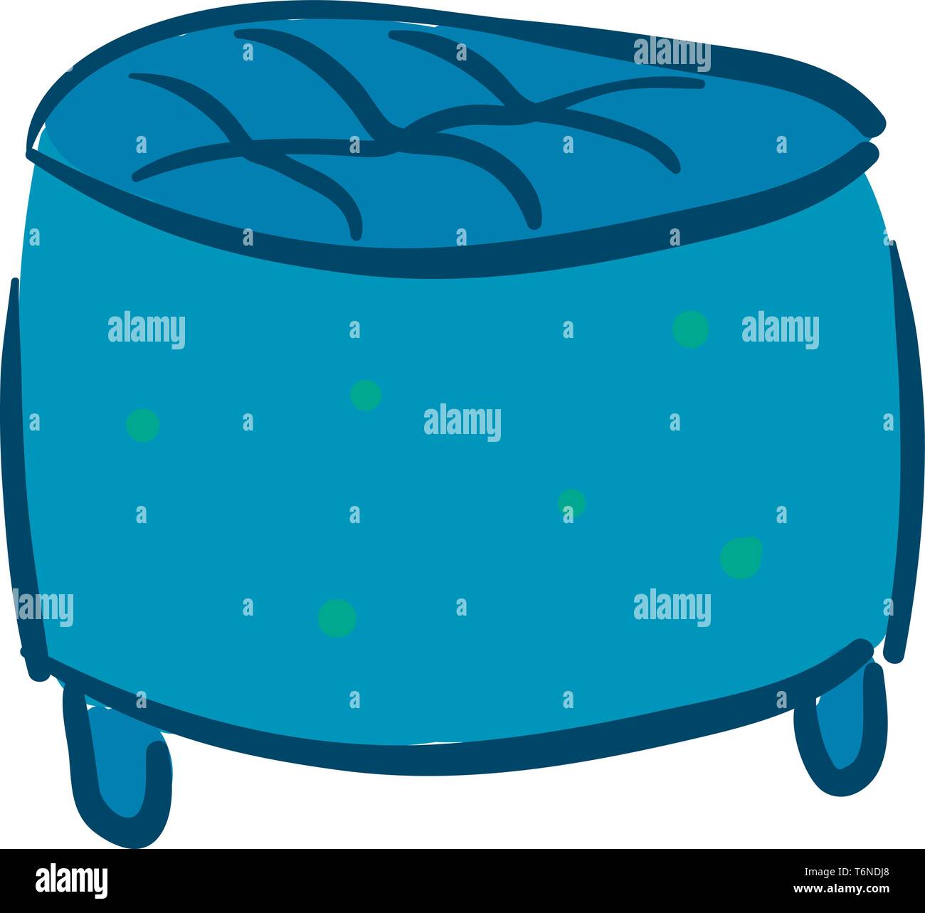 Drawing of a round-shaped blue stool with short legs and a cushioned ...