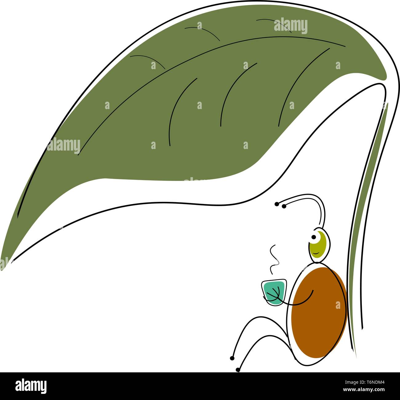 Painting of a bug holding a blue coffee mug filled with a hot drink and ...