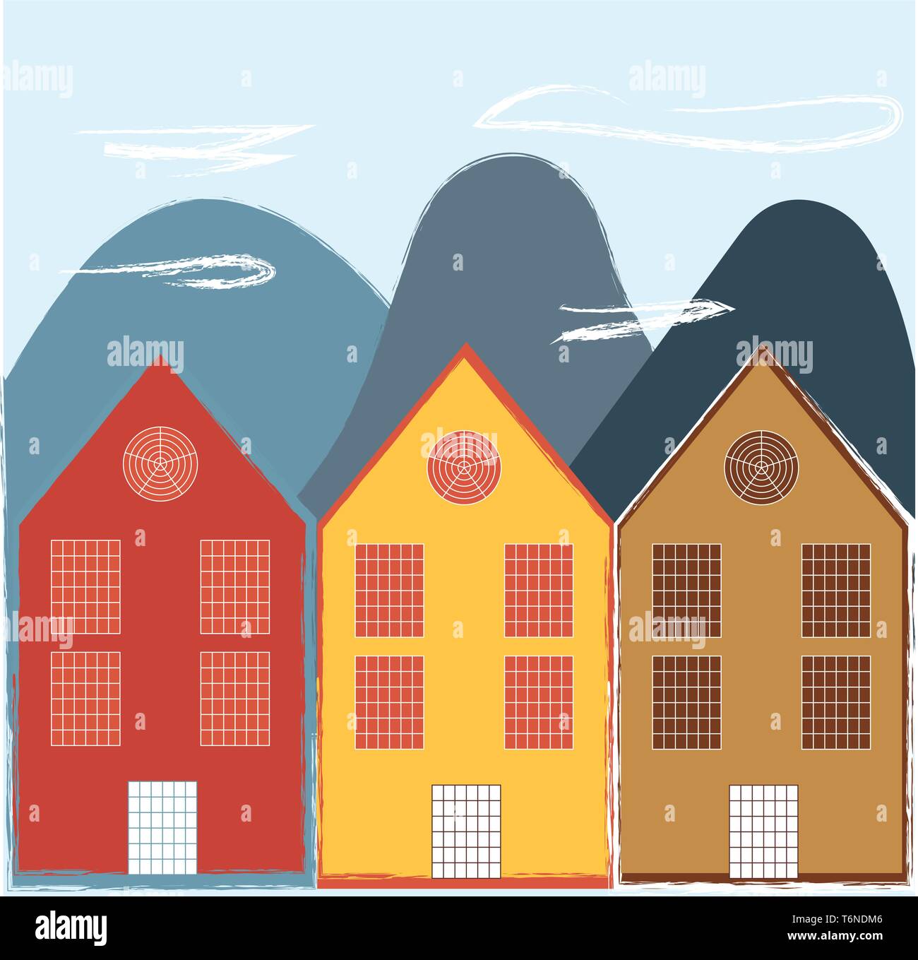 Painting of high-rise buildings in red yellow and brown colors against ...