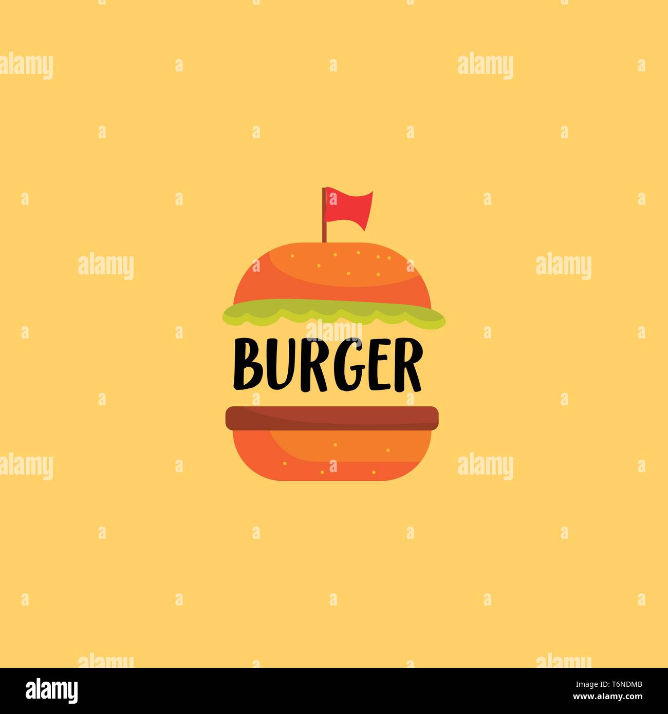 Portrait of a cheeseburger topped with a red flag sandwiched with the ...