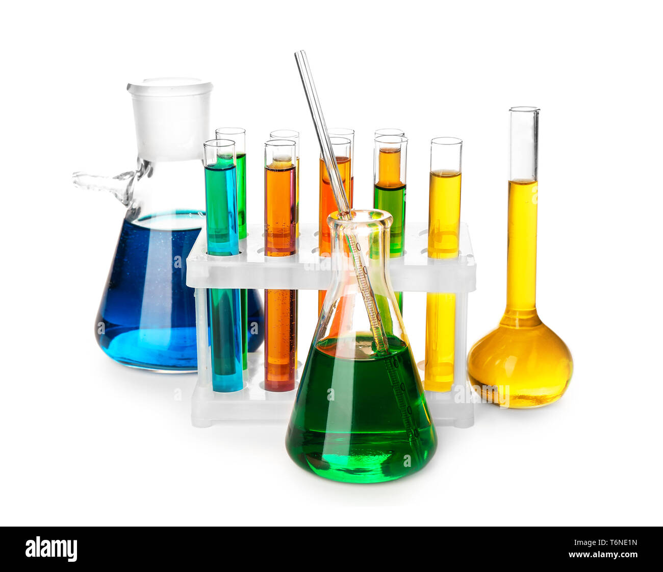 Chemical glassware with colorful samples on white background Stock ...