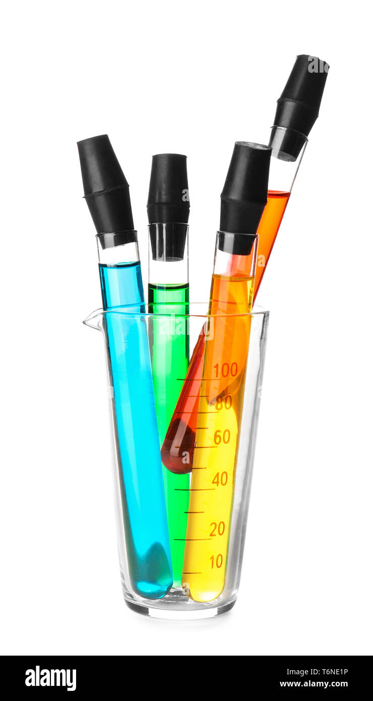 Test tubes with colorful samples on white background Stock Photo - Alamy