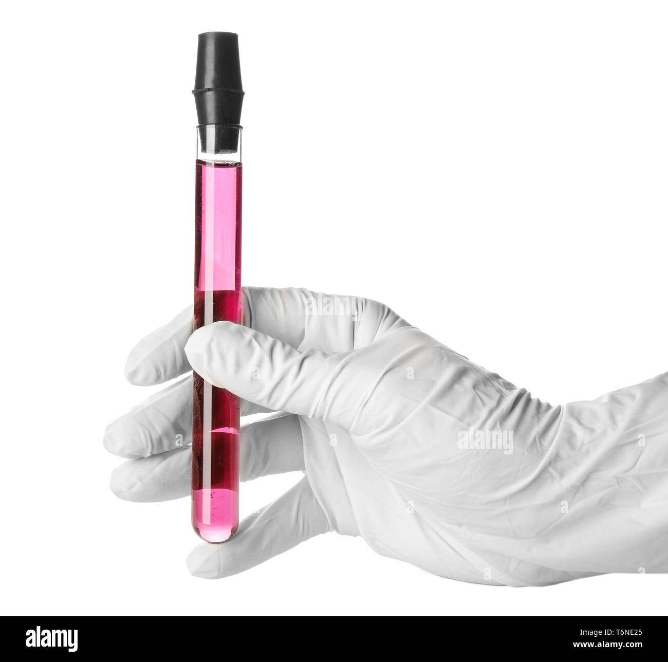 Hand in glove holding test tube with color sample on white background ...