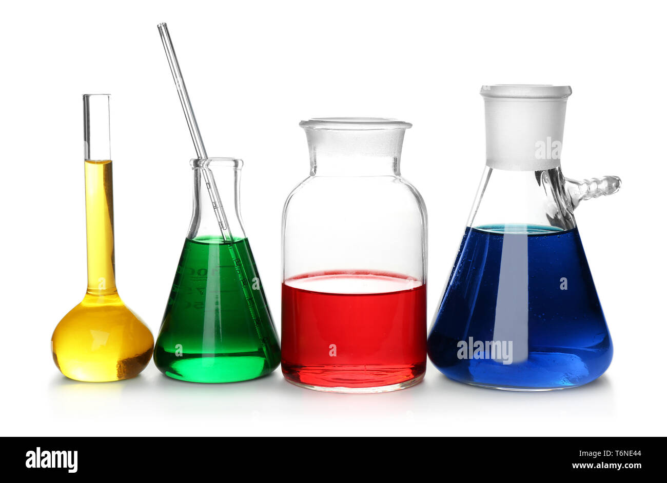Chemical glassware with colorful samples on white background Stock ...