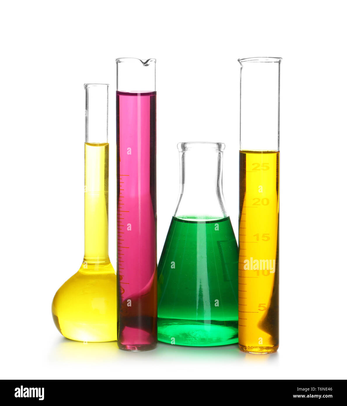 Chemical glassware with colorful samples on white background Stock ...