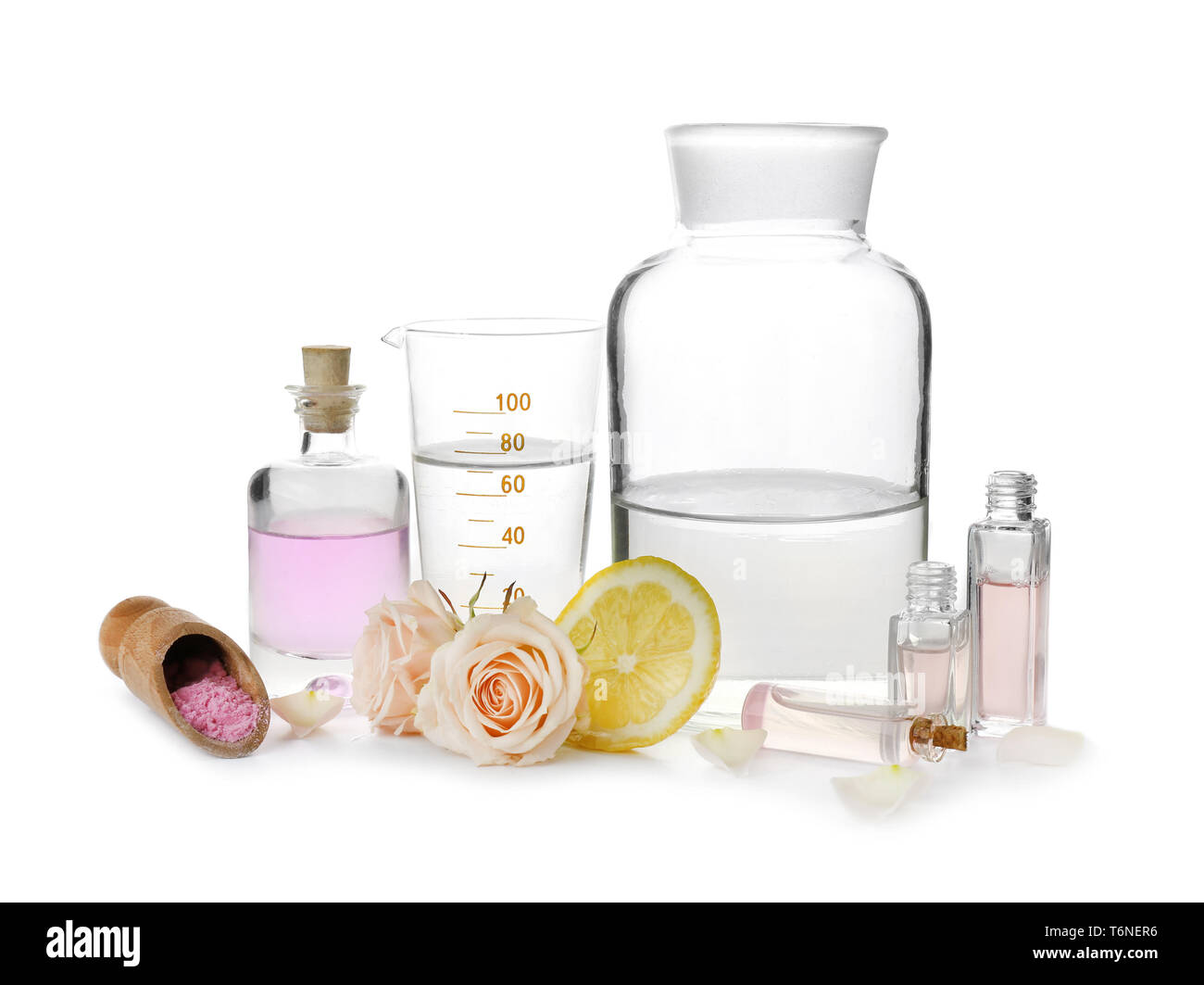 Composition with bottles of essential oils, ingredients and laboratory ...