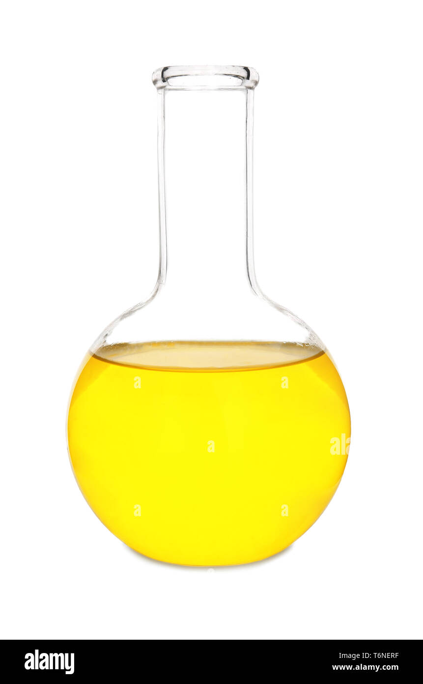 Test flask with yellow liquid on white background Stock Photo - Alamy