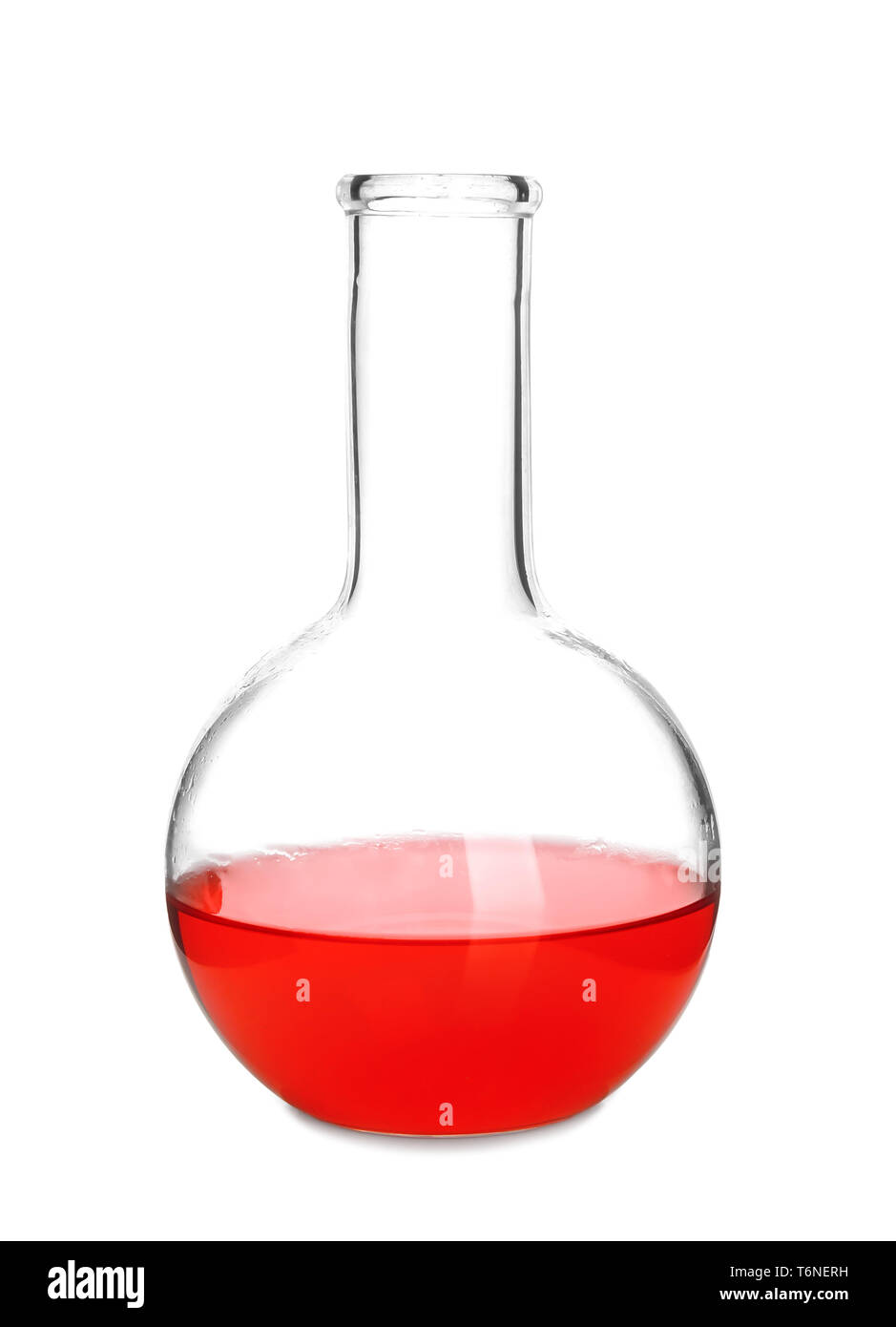 Test flask with red liquid on white background Stock Photo - Alamy