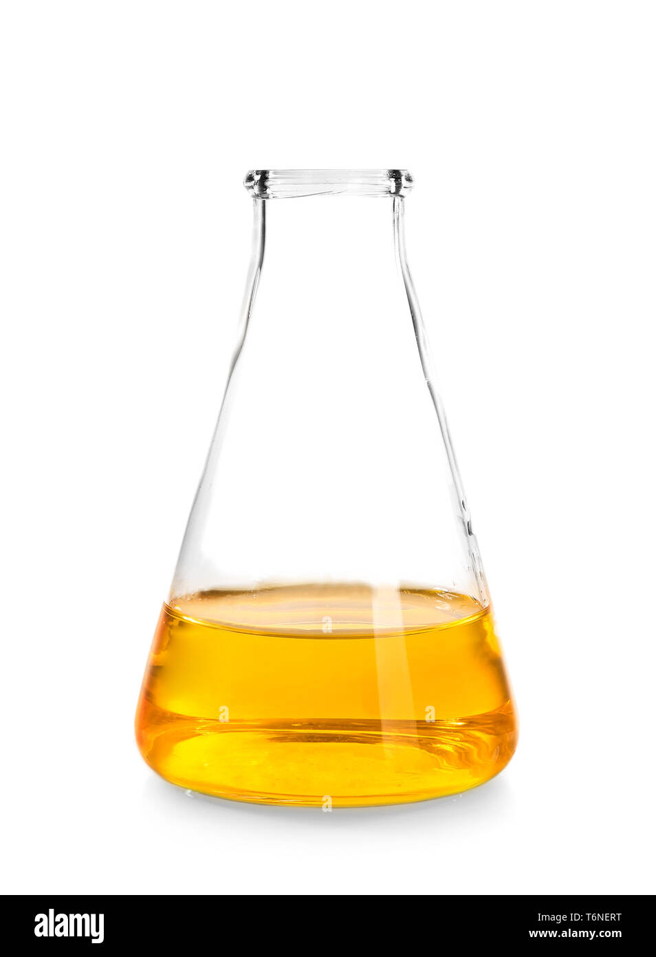 Test flask with yellow liquid on white background Stock Photo - Alamy