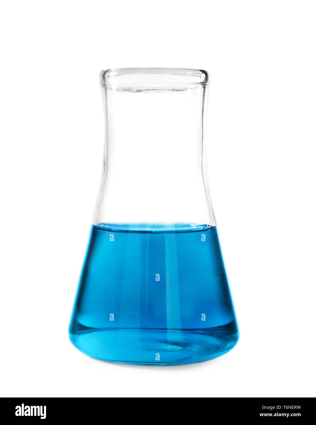 Test flask with blue liquid on white background Stock Photo - Alamy