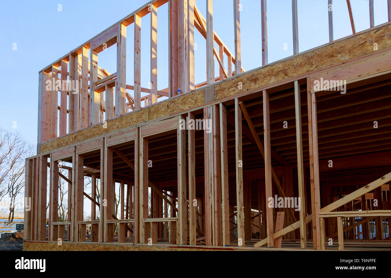 Building of New Home Construction exterior wood frame and beam ...