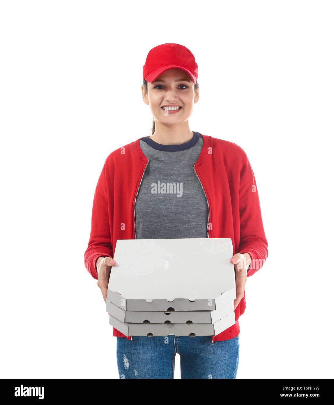 Delivery woman with cardboard pizza boxes on white background Stock ...