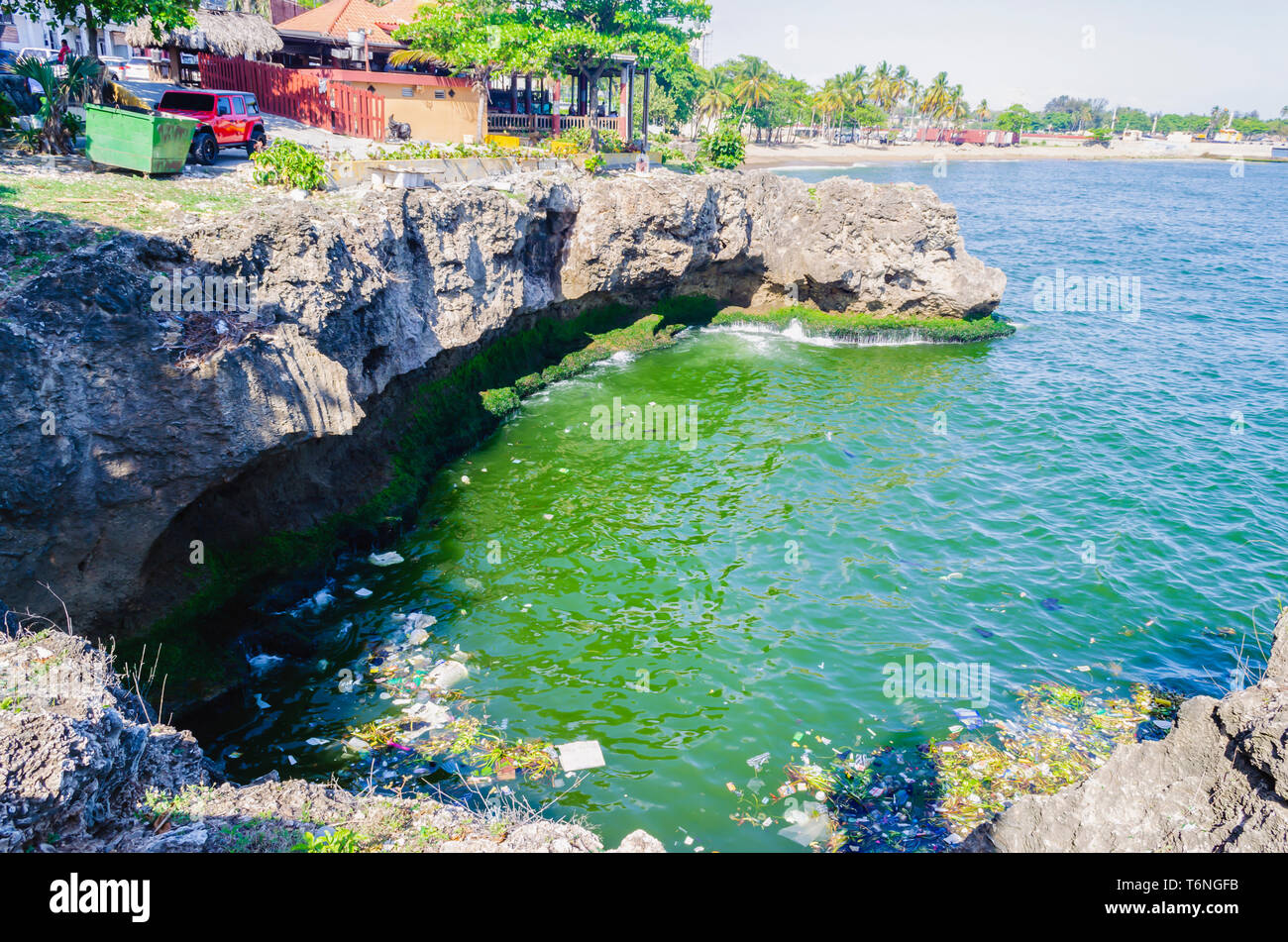 sea polluted by garbage, plastics and wastewater in the city of Santo ...