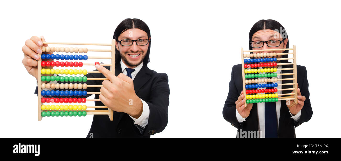 Funny man with calculator and abacus Stock Photo - Alamy