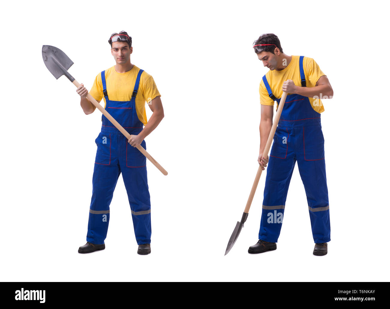 Contractor in blue coveralls with spade on white background Stock Photo ...