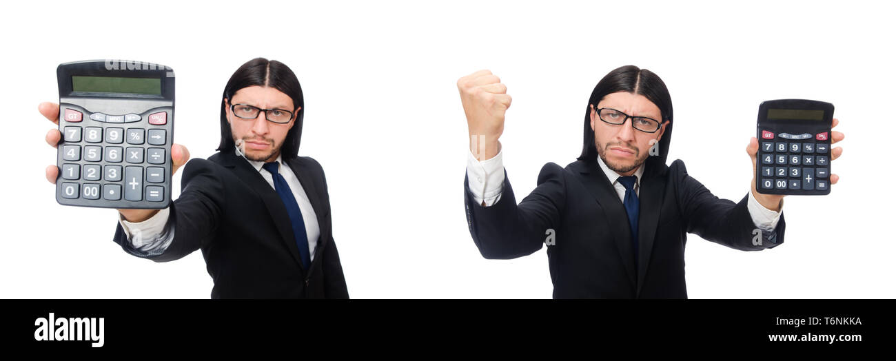 Man with calculator isolated on white Stock Photo - Alamy