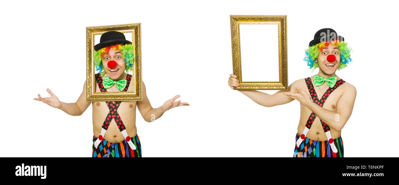 Clown with picture frame isolated on white Stock Photo - Alamy
