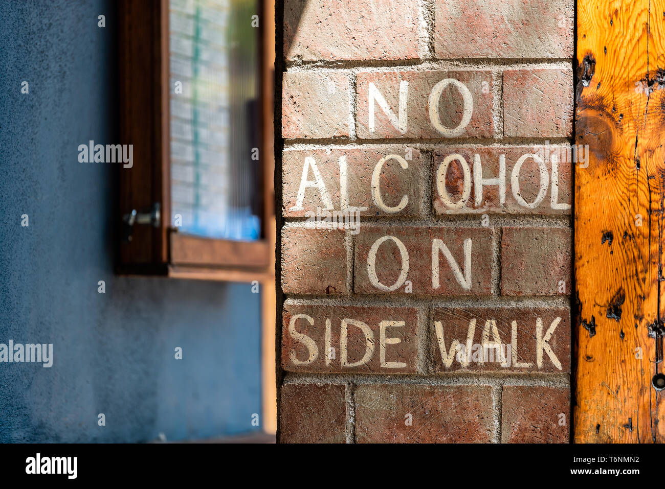 No alcohol on sidewalk sign in Asheville, USA downtown old town street ...