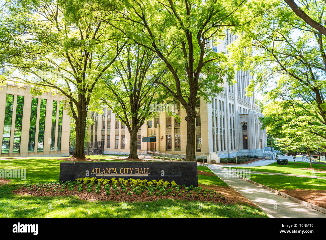 Atlanta, USA - April 20, 2018: Exterior city hall sign near state ...