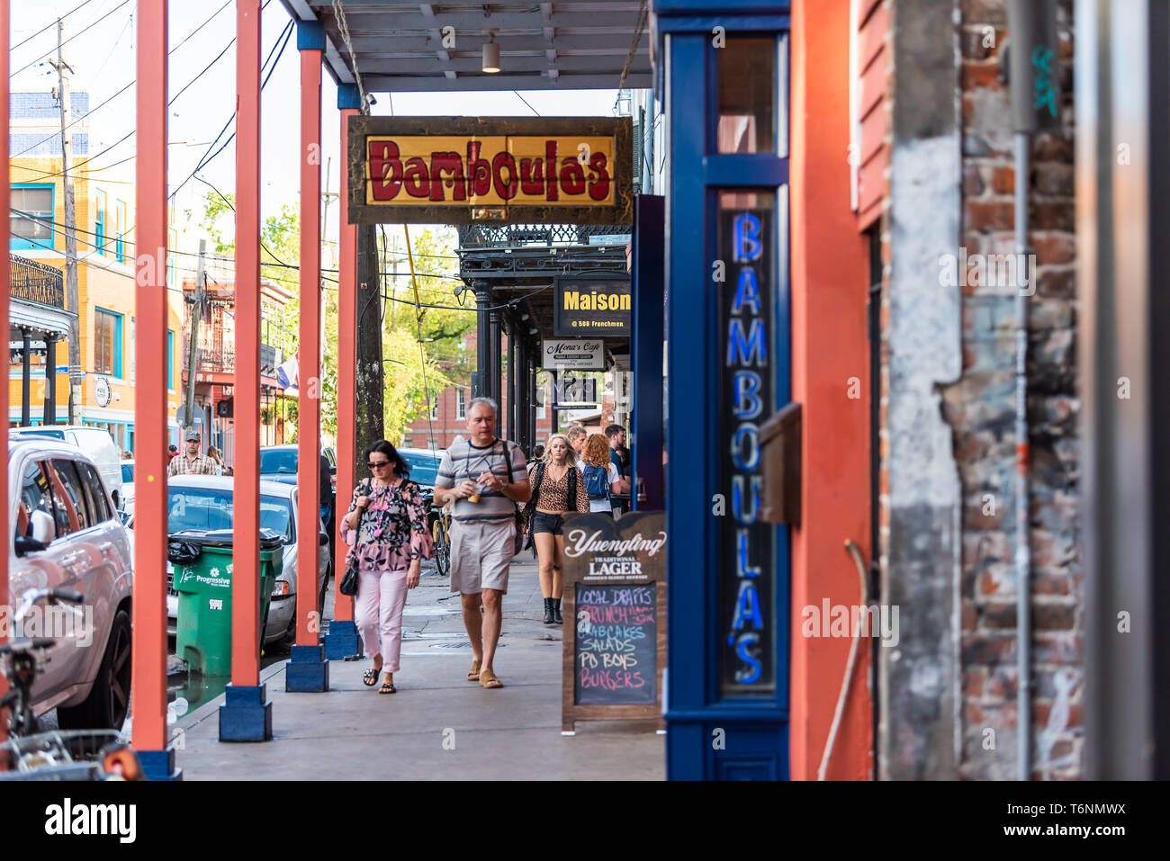 New Orleans, USA - April 22, 2018: Frenchmen street covered sidewalk in ...