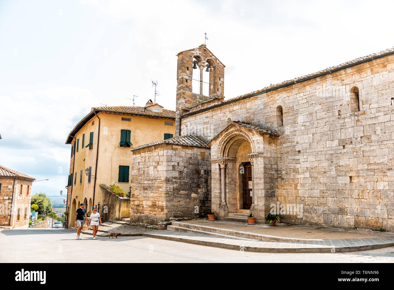 San Quirico D'Orcia, Italy - August 26, 2018: Street in small historic ...