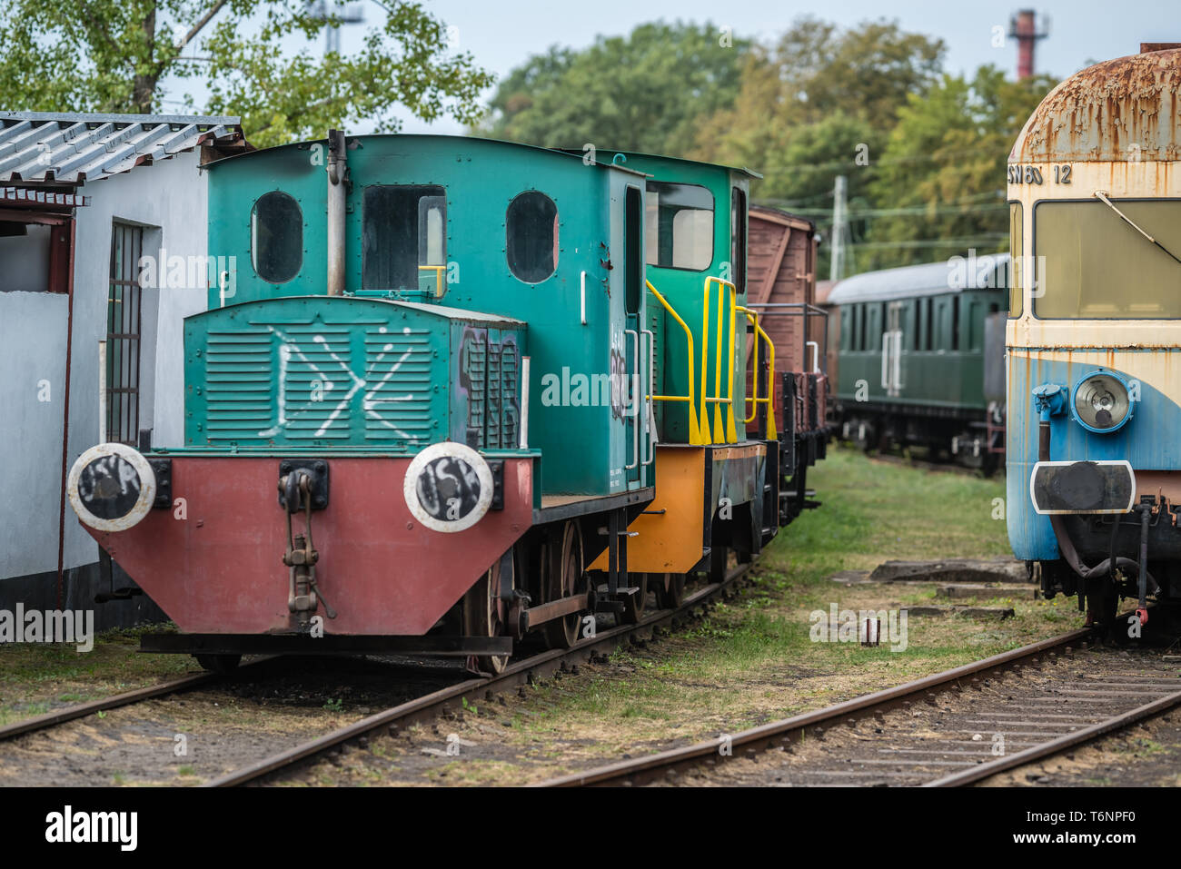 Old disused green train locomotive Stock Photo - Alamy