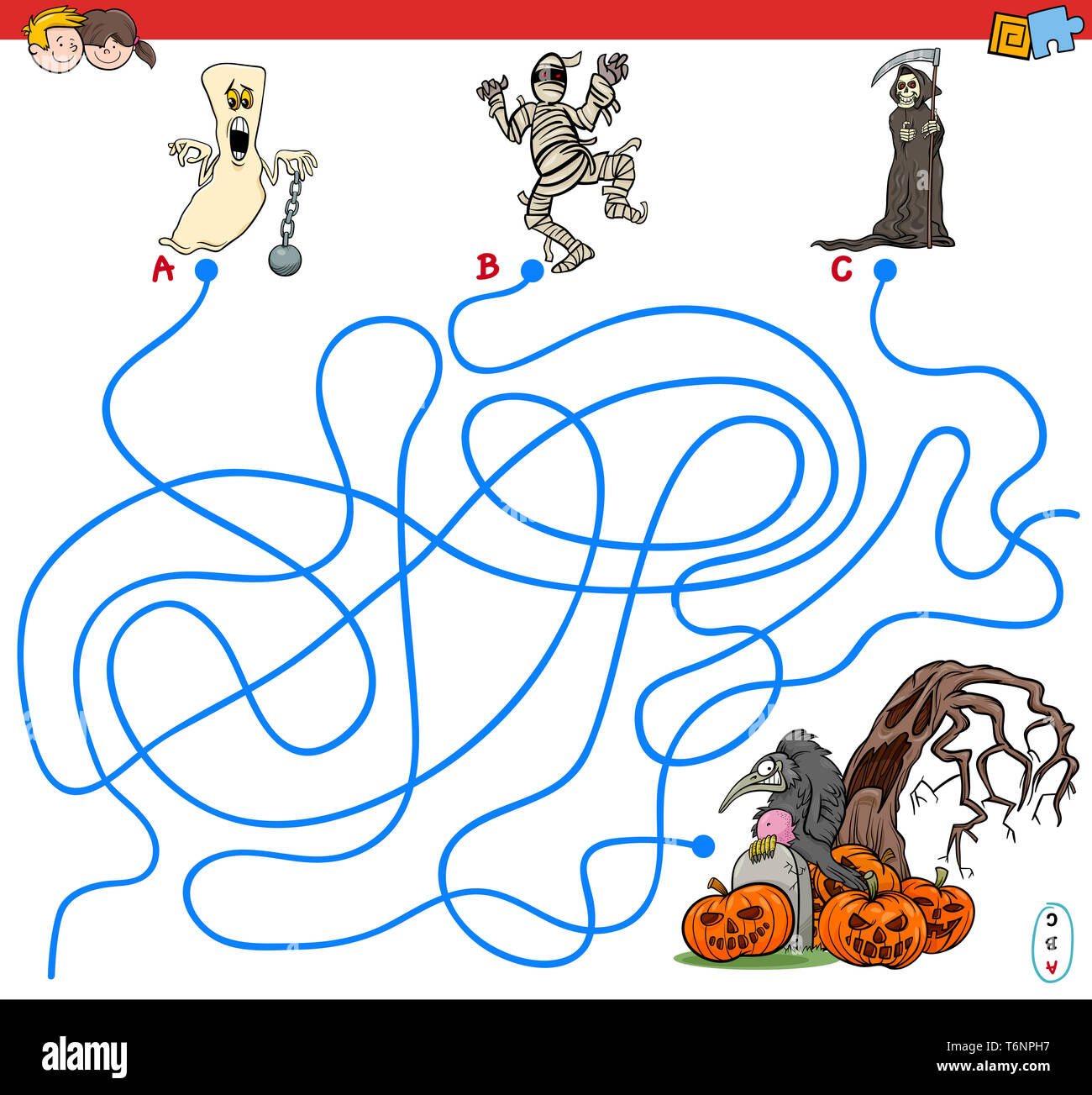 lines maze game with spooky Halloween characters Stock Photo - Alamy