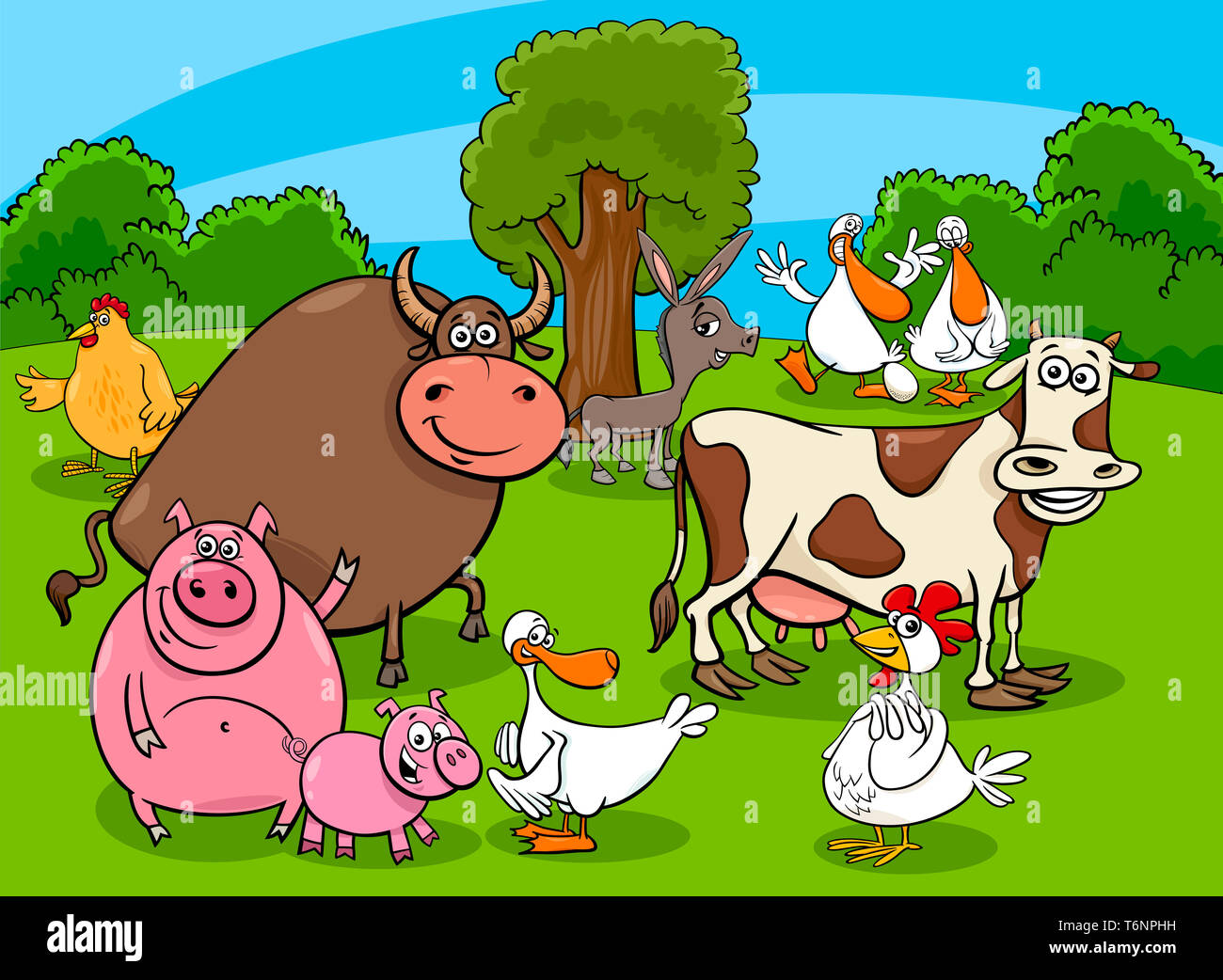 cartoon farm animal characters on meadow Stock Photo - Alamy