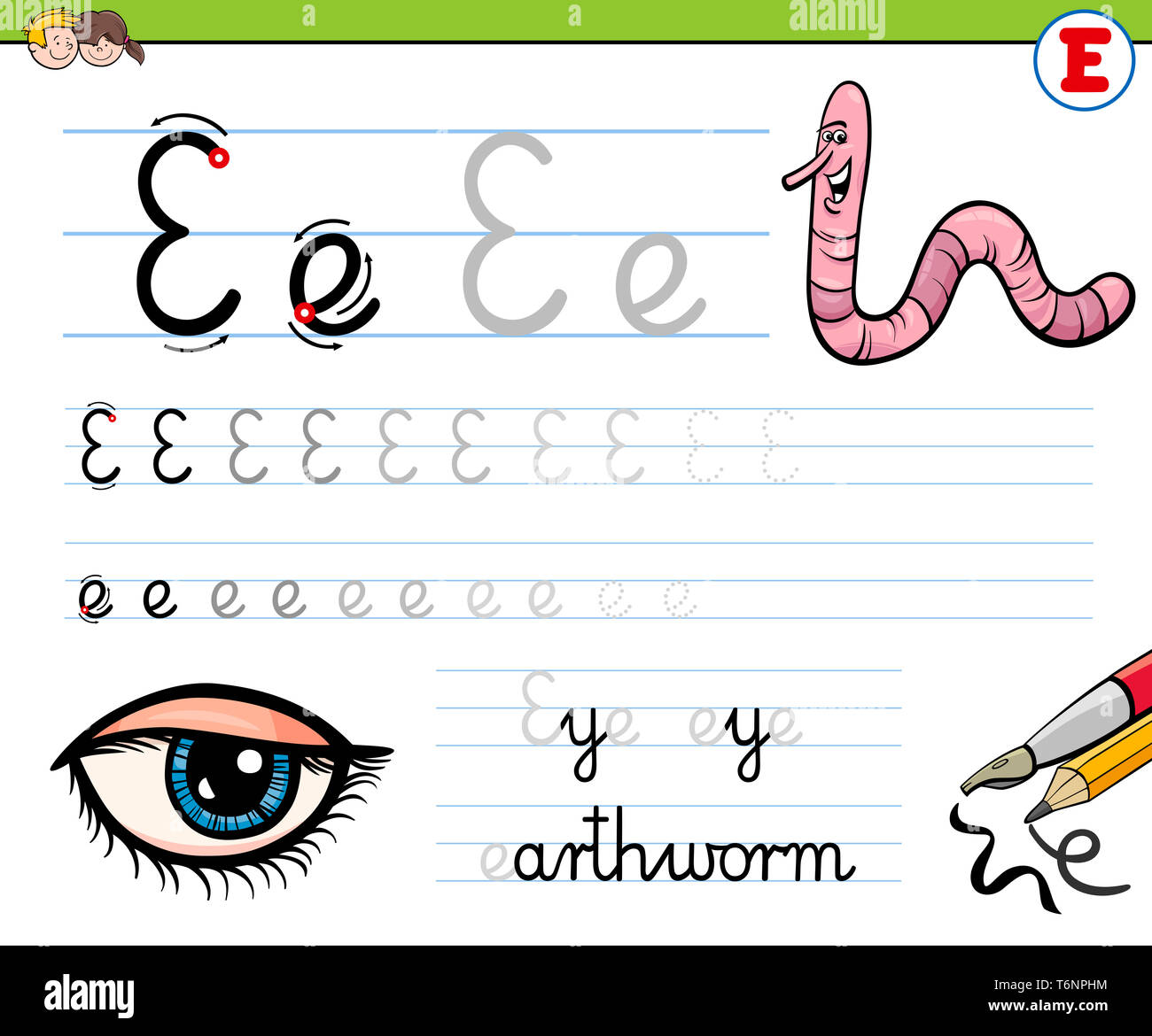 how to write letter E workbook for children Stock Photo - Alamy