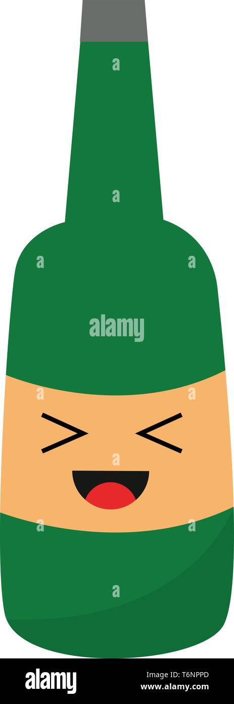 A green bottle with an ash cap has a face and tongue stuck out while ...