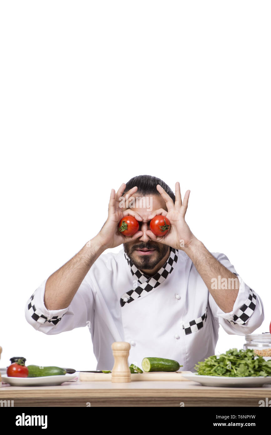 Funny male cook isolated on the white background Stock Photo - Alamy