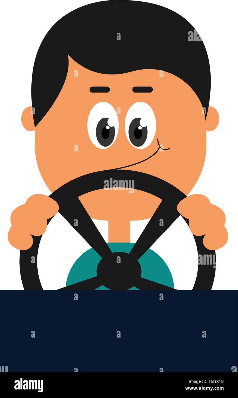 Cartoon driver in a blue shirt looks happy while steering the vehicle ...