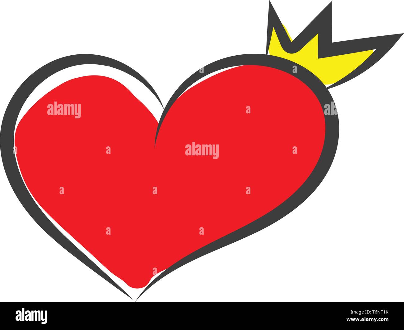 Sketch of a curvy red heart with a black outline wears a golden crown ...
