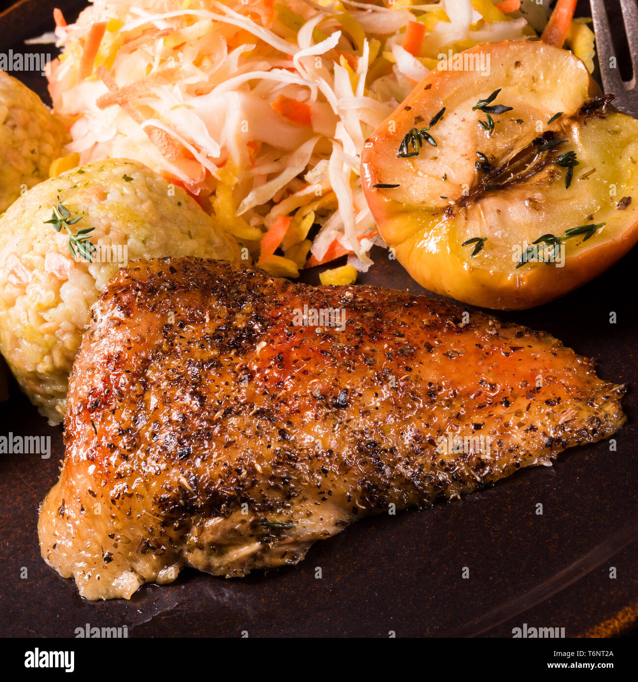 classic and crispy roasted duck with cabbage and dumplings Stock Photo ...