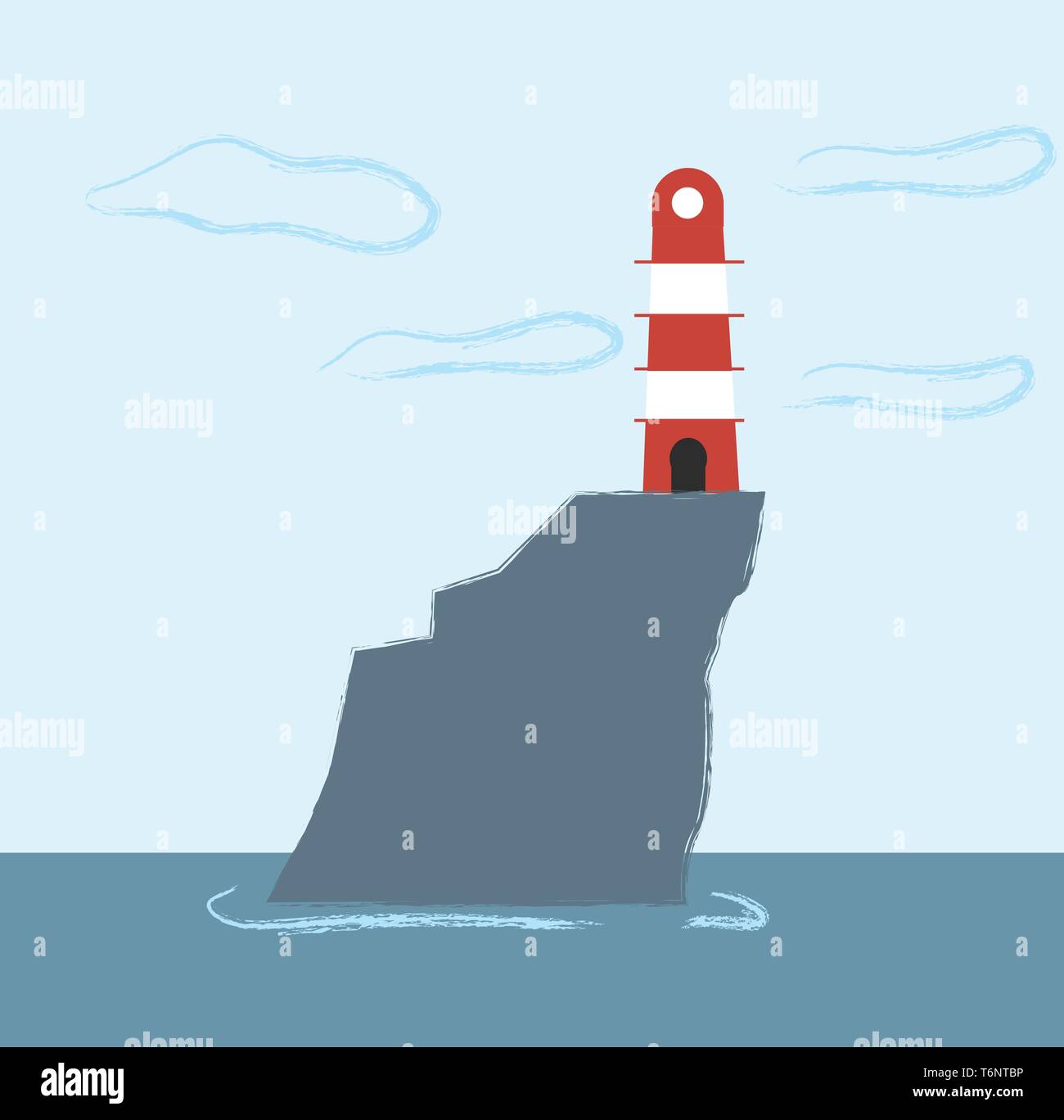 A cartoon lighthouse with alternate red and light bands stands as a ...