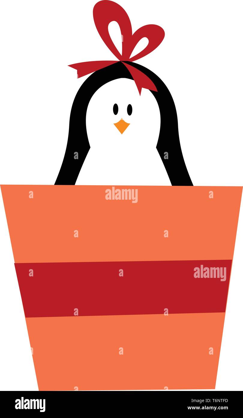 Cute baby girl penguin wearing a red bowtie on her head carries a peach ...