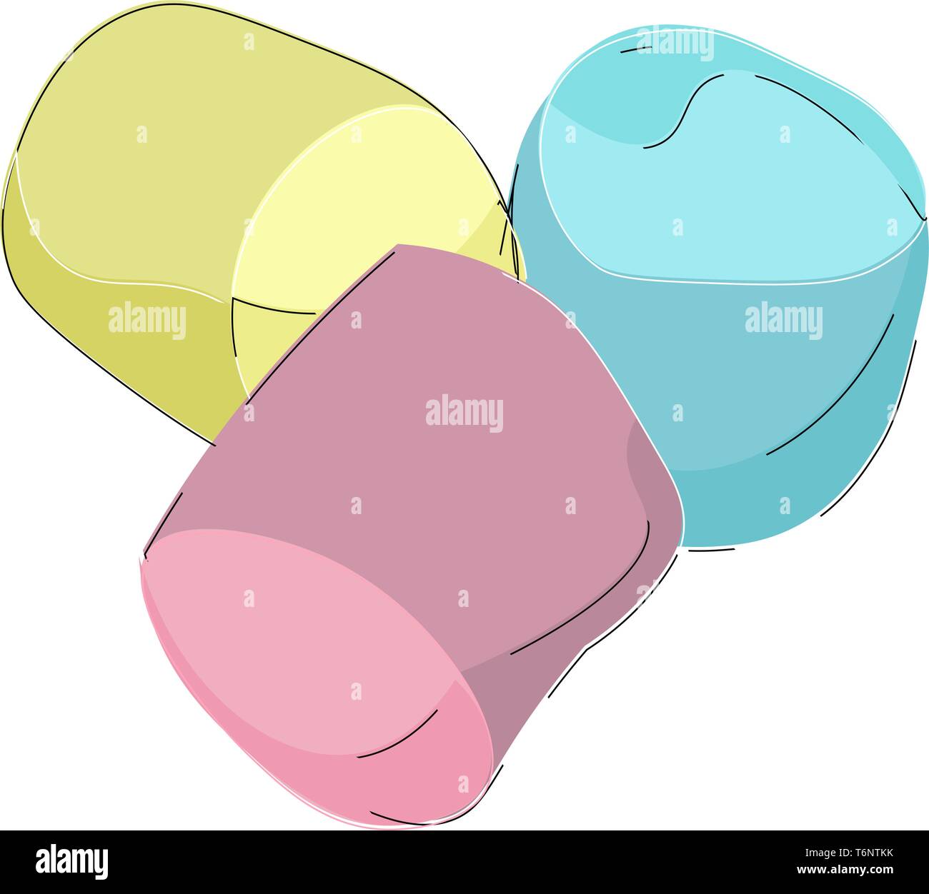 Cartoon picture of three marshmallows in blue pink and yellow colors is ...